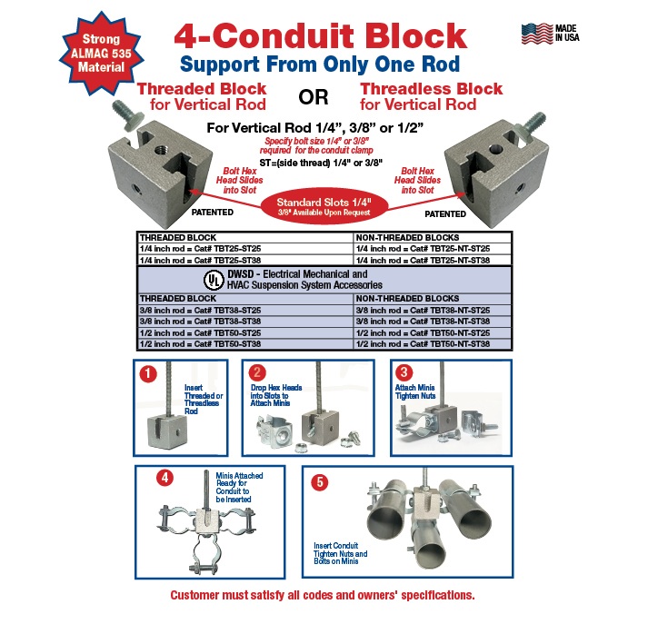 SP-PRODUCTS TBT38-ST25 3/8" SLICK ROD 4-CONDUIT BLOCK WITH (4) 1/4-20 ...